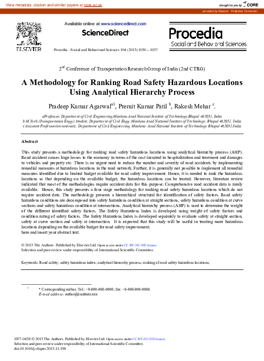 (PDF) A Methodology for Ranking Road Safety Hazardous Locations Using Analytical Hierarchy Process