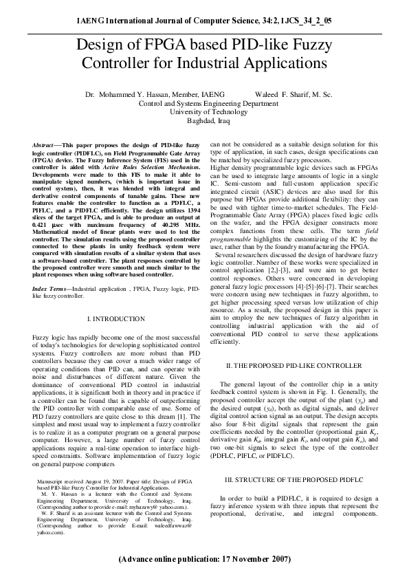 Pdf Design Of Fpga Based Pid Like Fuzzy Controller For Industrial Applications