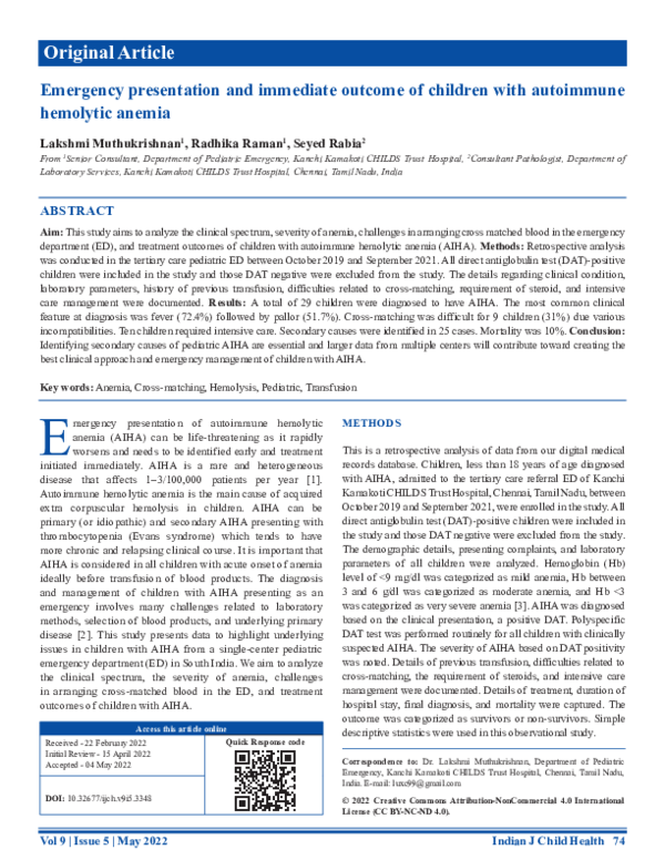 (PDF) Emergency presentation and immediate outcome of children with ...