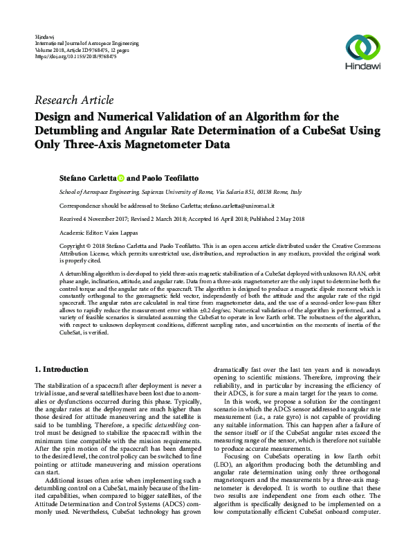 Pdf Design And Numerical Validation Of An Algorithm For The Detumbling And Angular Rate