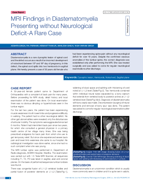 (PDF) MRI Findings in Diastematomyelia Presenting without Neurological ...