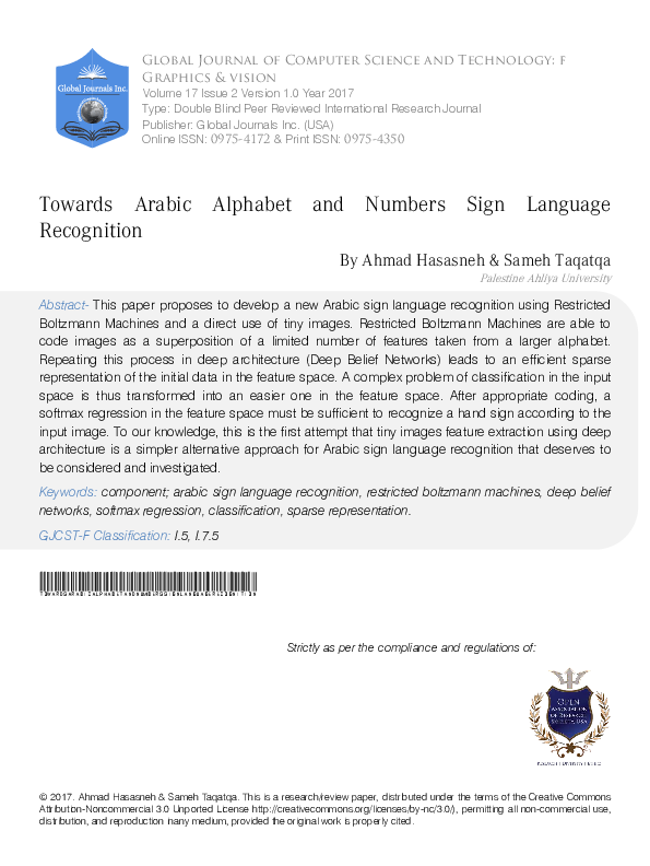 (PDF) Towards Arabic Alphabet and Numbers Sign Language Recognition