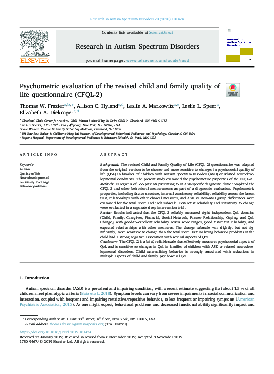 (PDF) Psychometric evaluation of the revised child and family quality ...