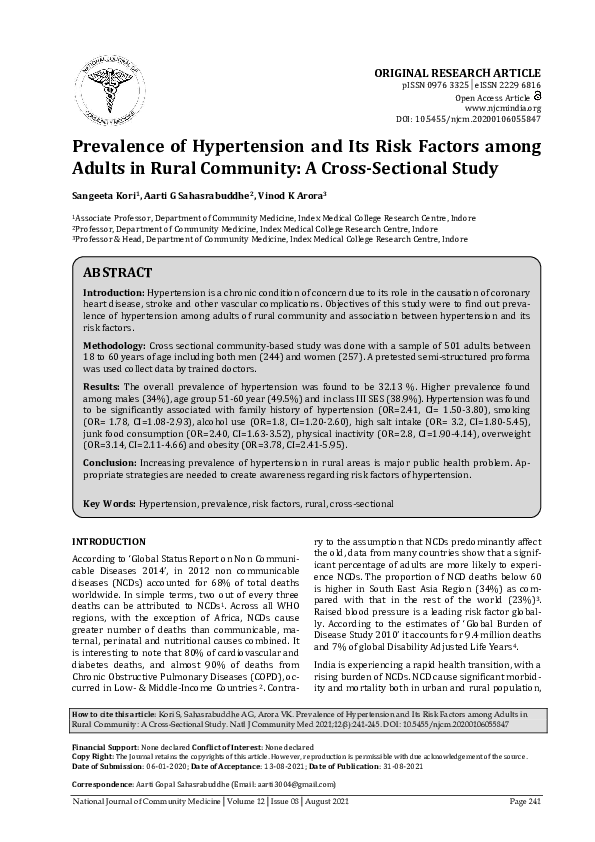 (PDF) Prevalence of Hypertension and Its Risk Factors among Adults in ...
