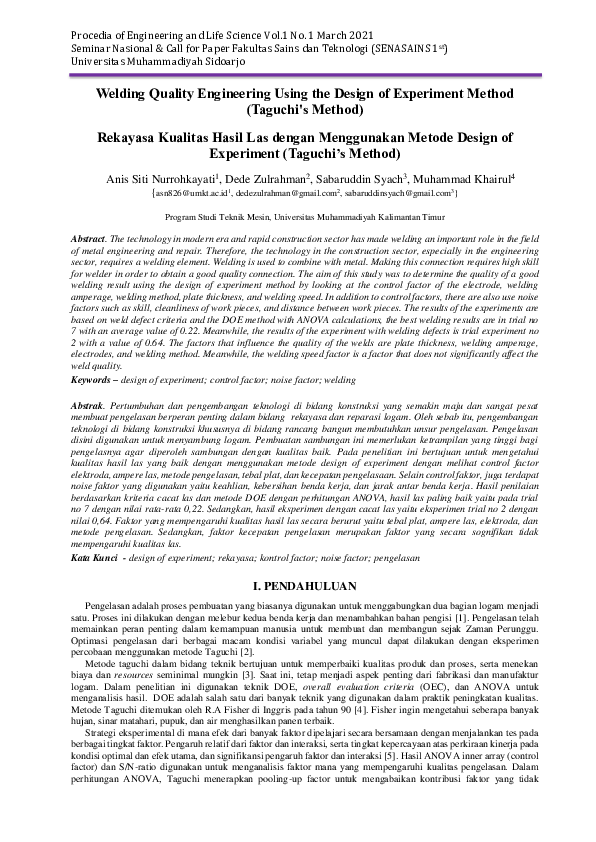 (PDF) Welding Quality Engineering Using the Design of Experiment Method (Taguchi's Method)