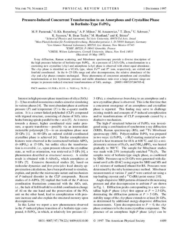 (PDF) Pressure-Induced Concurrent Transformation to an Amorphous and ...