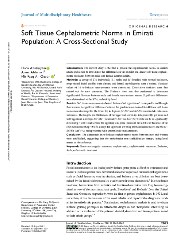 (PDF) Soft Tissue Cephalometric Norms in Emirati Population: A Cross-Sectional Study | Huda ...