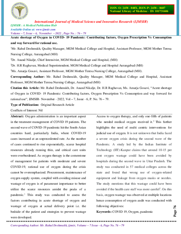 (PDF) Acute shortage of Oxygen in COVID-19 Pandemic: Contributing ...