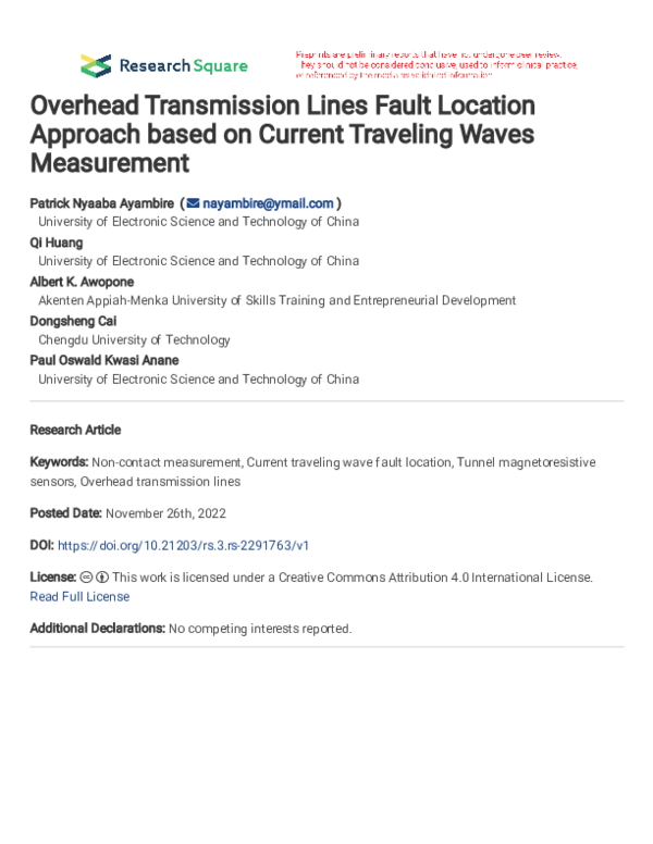 (PDF) Overhead Transmission Lines Fault Location Approach based on Current Traveling Waves ...