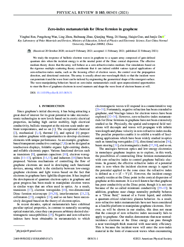 (PDF) Zero-index metamaterials for Dirac fermion in graphene