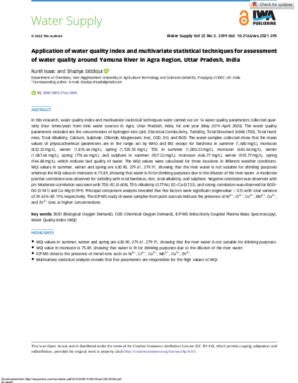 Pdf Application Of Water Quality Index And Multivariate Statistical Techniques For Assessment