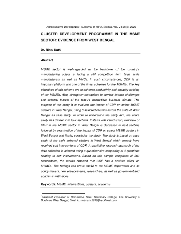 (PDF) Cluster Development Programme in the Msme Sector: Evidence from ...