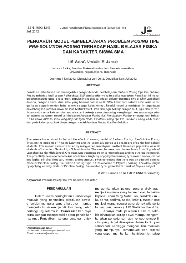 (PDF) Pengaruh Model Pembelajaran Problem Posing Tipe Pre-Solution Posing Terhadap Hasil Belajar ...