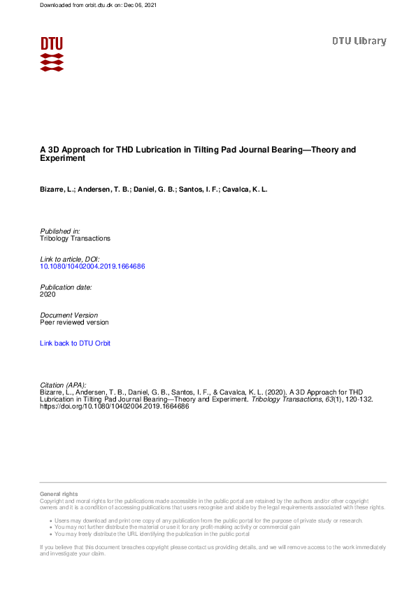 (PDF) A 3D Approach for THD Lubrication in Tilting Pad Journal Bearing—Theory and Experiment