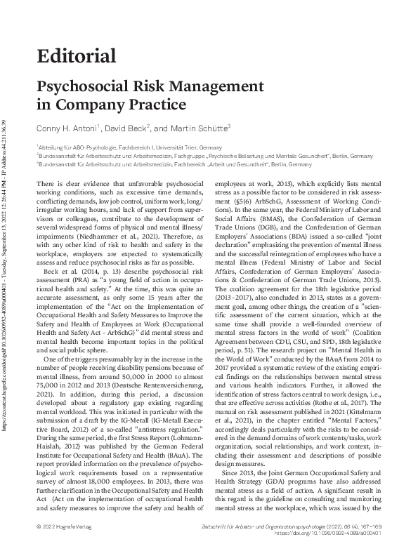 (PDF) Psychosocial Risk Management in Company Practice
