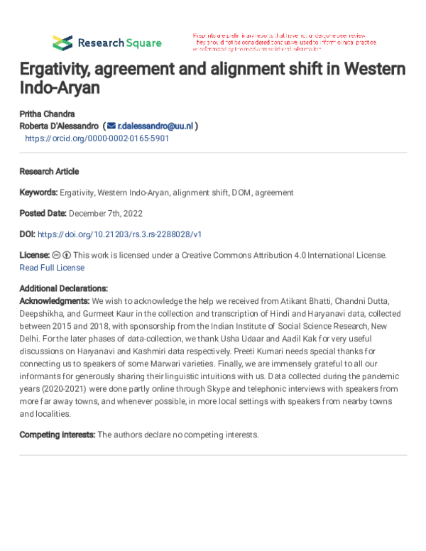 (PDF) Ergativity, agreement and alignment shift in Western Indo-Aryan
