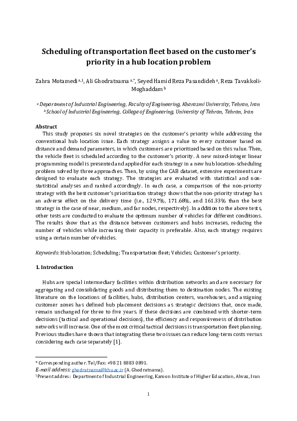(PDF) Scheduling of transportation fleet based on the customer’s priority in a hub location problem