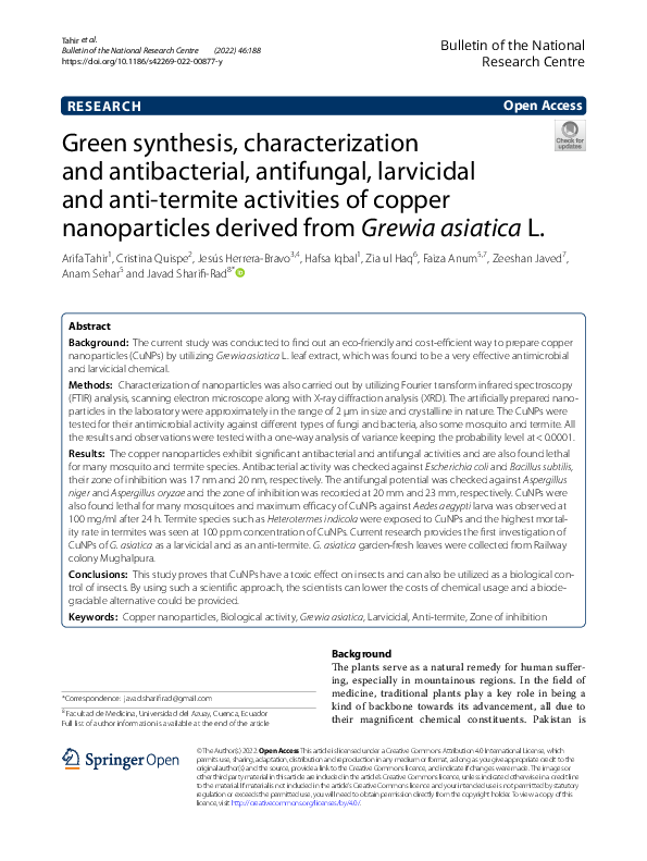 (PDF) Green synthesis, characterization and antibacterial, antifungal, larvicidal and anti ...