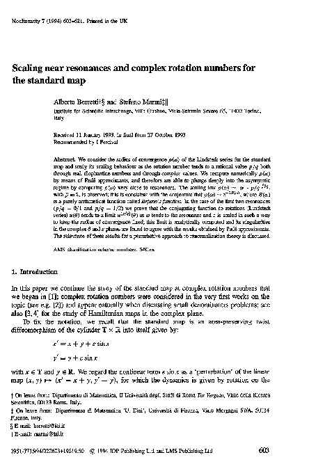 (PDF) Scaling near resonances and complex rotation numbers for the standard map