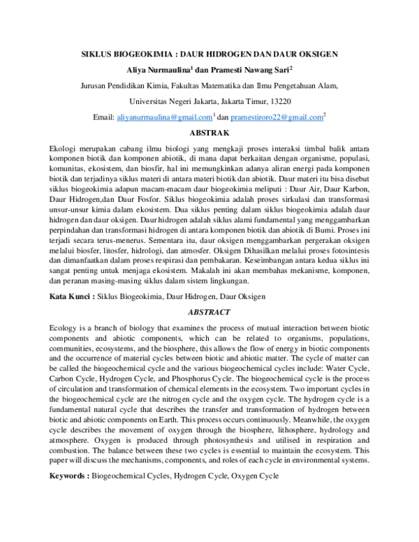 (PDF) SIKLUS BIOGEOKIMIA : DAUR HIDROGEN DAN DAUR OKSIGEN