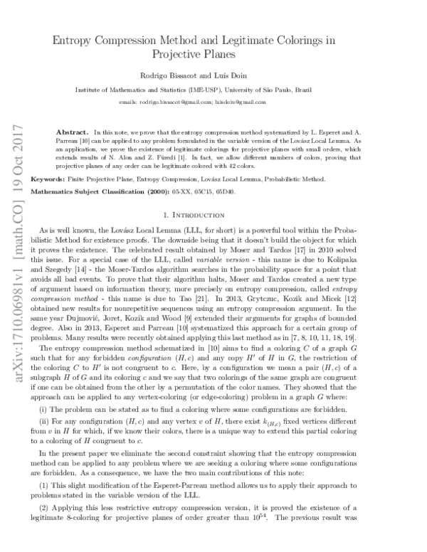 (PDF) Entropy Compression Method and Legitimate Colorings in Projective Planes