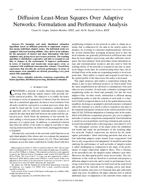 (PDF) Diffusion Least-Mean Squares Over Adaptive Networks: Formulation and Performance Analysis