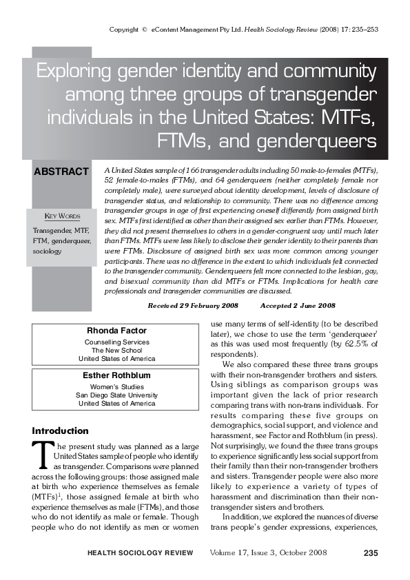 (PDF) Exploring gender identity and community among three groups of ...