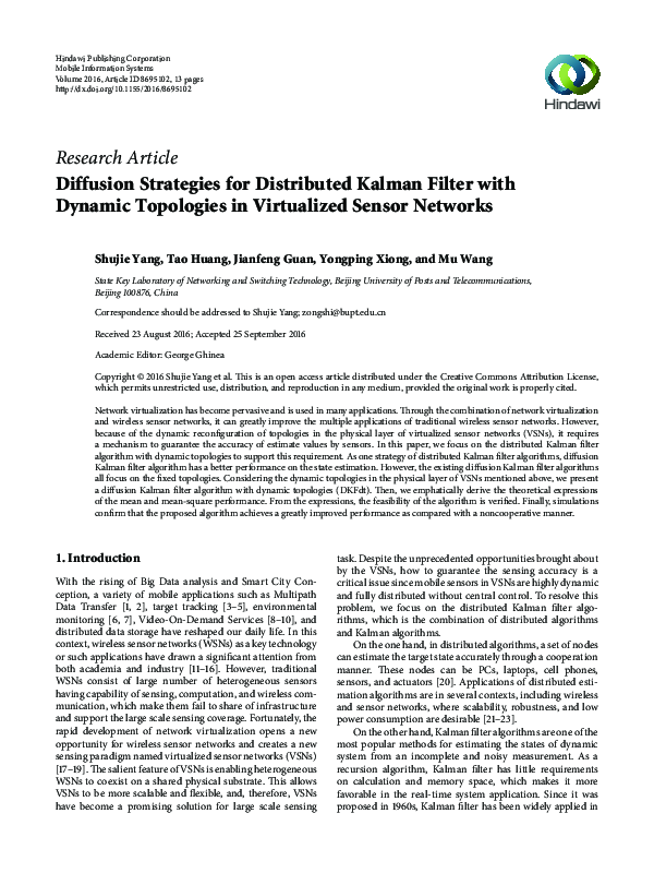 (PDF) Diffusion strategies for distributed Kalman filtering: formulation and performance analysis