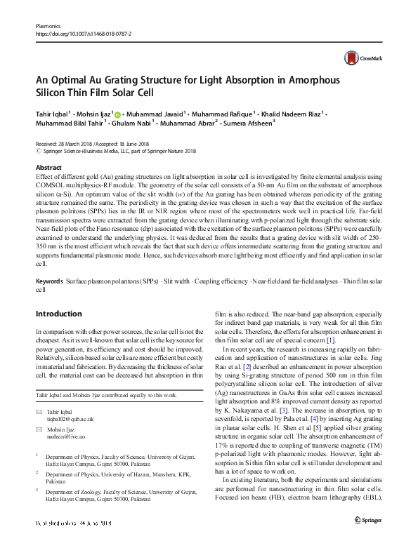 (PDF) An Optimal Au Grating Structure for Light Absorption in Amorphous ...