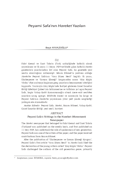(PDF) Peyami Safa’nın Hareket Yazıları