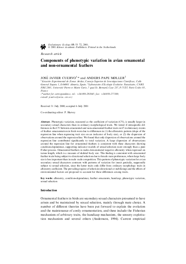 (PDF) Components of phenotypic variation in avian ornamental and non ...