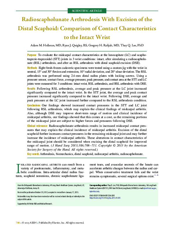 (PDF) Radioscapholunate Arthrodesis With Excision of the Distal ...