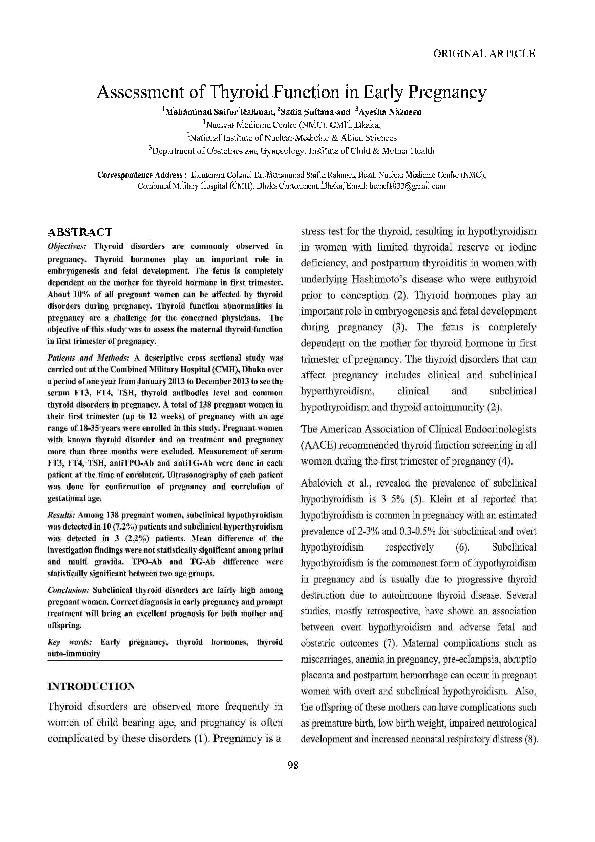 (PDF) Assessment of Thyroid Function in Early Pregnancy