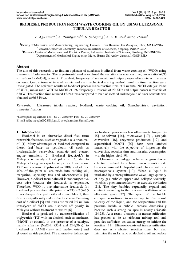 (PDF) Biodiesel Production from Waste Cooking Oil by Using Ultrasonic Tubular Reactor