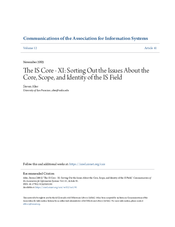 (PDF) The IS Core - XI: Sorting Out the Issues About the Core, Scope, and Identity of the IS Field