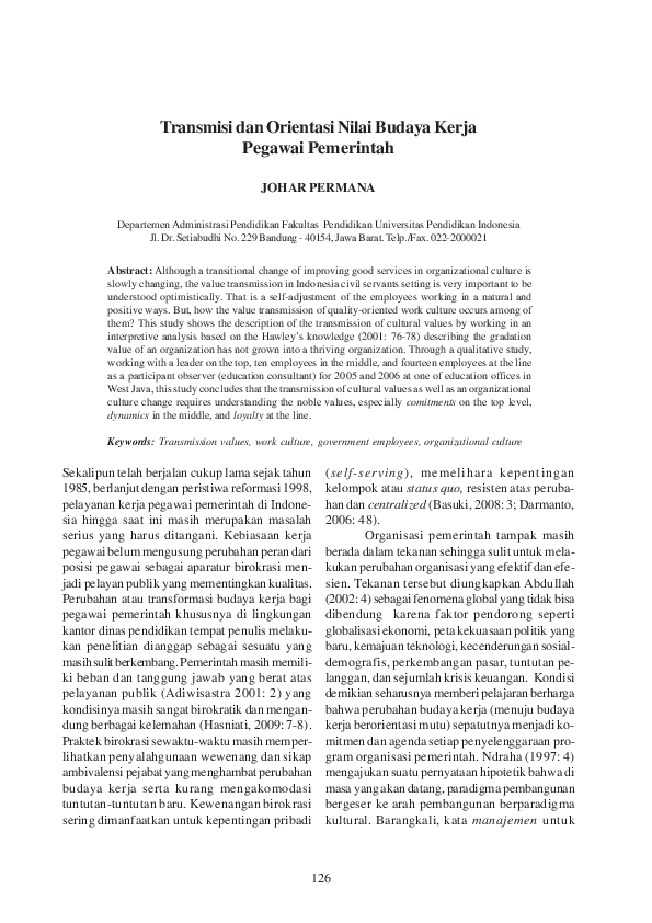 (PDF) Transmisi dan Orientasi Nilai Budaya Kerja Pegawai Pemerintah