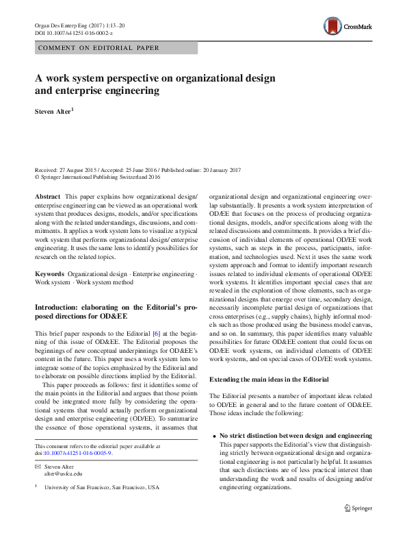(PDF) A work system perspective on organizational design and enterprise ...