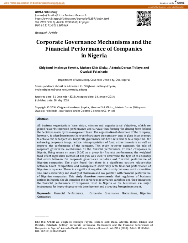 (PDF) Corporate Governance Mechanisms and the Financial Performance of Companies in Nigeria