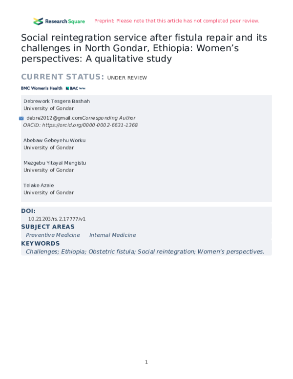 (PDF) Fistula Repair: Women's Reintegration in Ethiopia