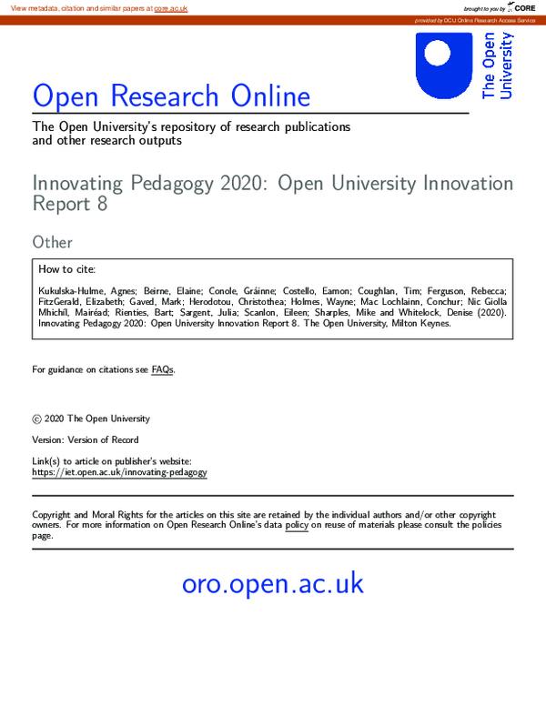 (PDF) Innovating Pedagogy 2020: Open University Innovation Report 8 ...