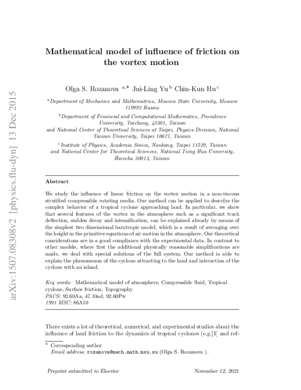 (PDF) Mathematical model of influence of friction on the vortex motion