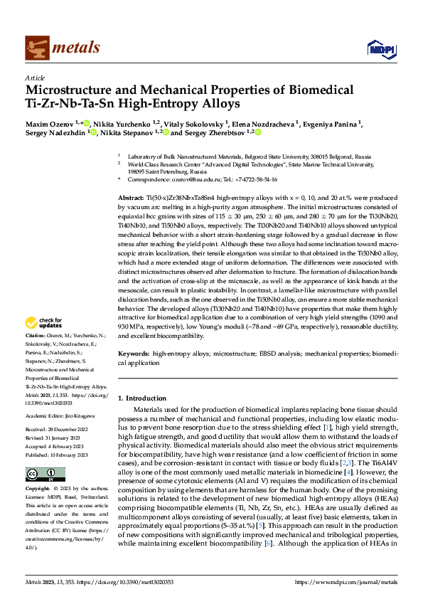 (PDF) Microstructure and Mechanical Properties of Biomedical Ti-Zr-Nb-Ta-Sn High-Entropy Alloys