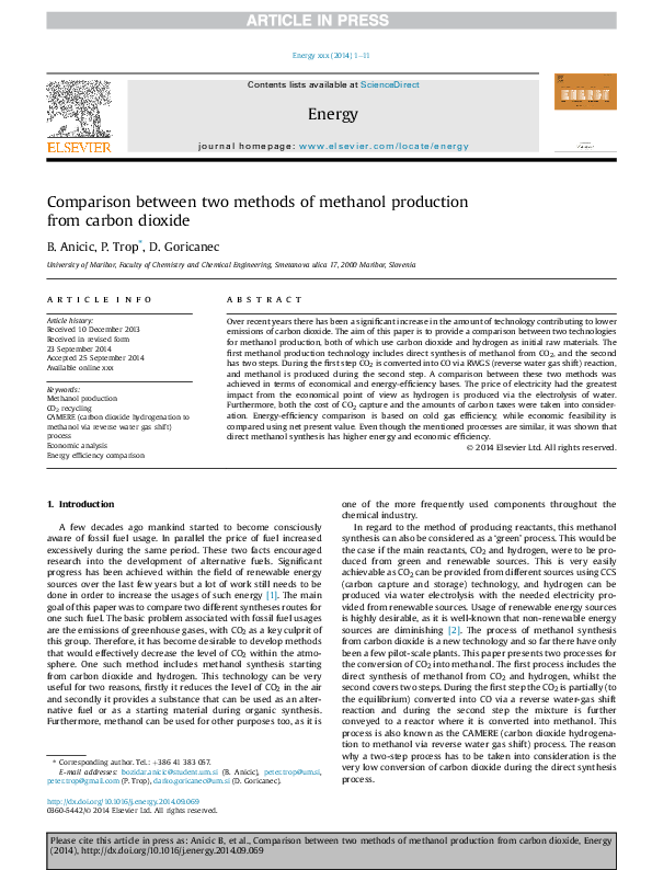 (PDF) Comparison between two methods of methanol production from carbon dioxide