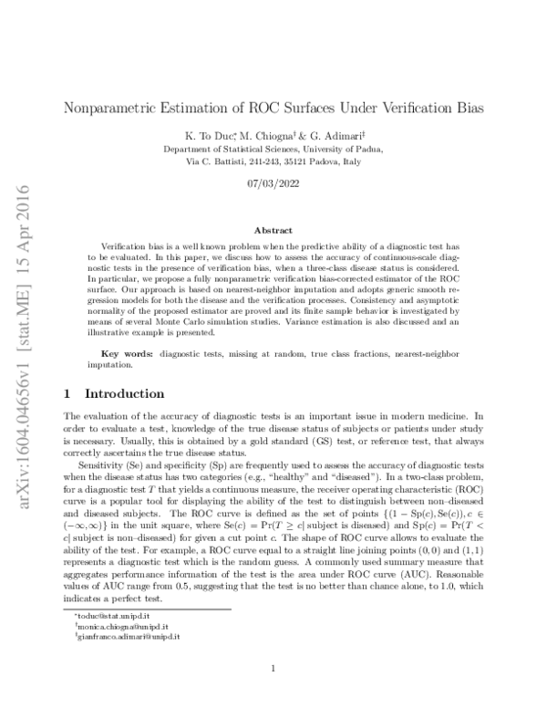 (PDF) Nonparametric estimation of ROC surfaces under verification bias | Khánh Trần Đức ...