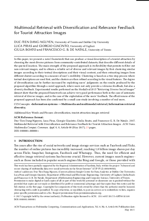 Pdf Multimodal Retrieval With Diversification And Relevance Feedback For Tourist Attraction