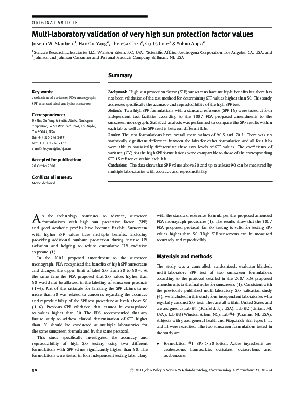 (PDF) Multi‐laboratory validation of very high sun protection factor values