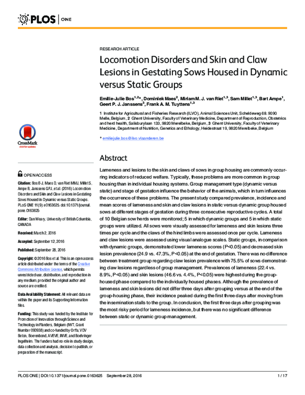 (PDF) Locomotion Disorders and Skin and Claw Lesions in Gestating Sows ...