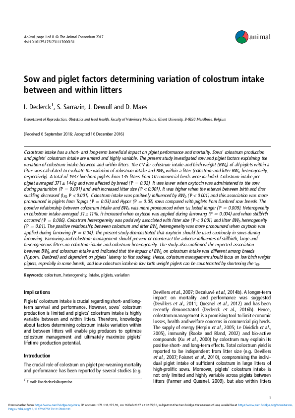 (PDF) Sow and piglet factors determining variation of colostrum intake ...