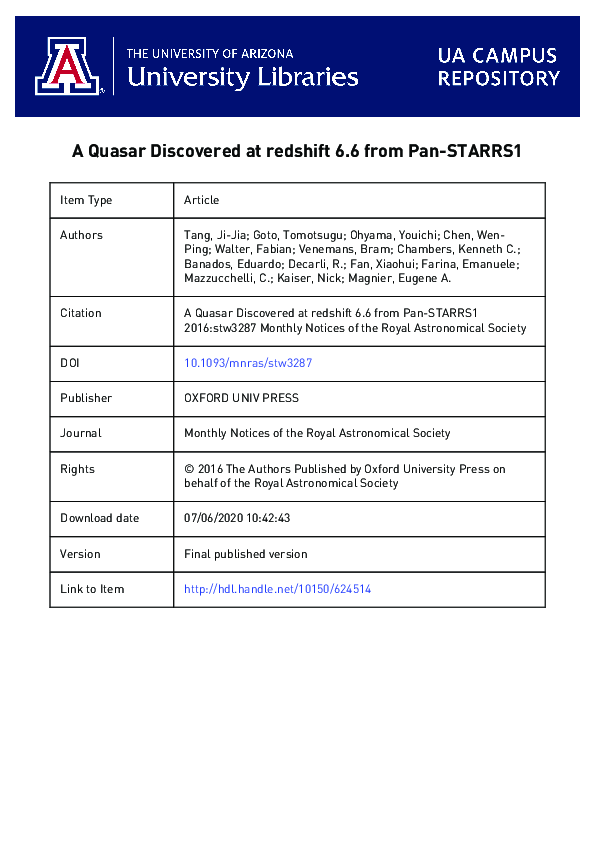 (PDF) A Quasar Discovered at redshift 6.6 from Pan-STARRS1