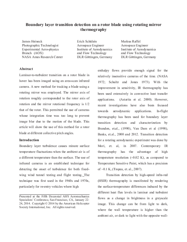 Pdf Boundary Layer Transition Detection On A Rotor Blade Using Rotating Mirror Thermography